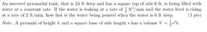 Solved An inverted pyramidal tank, that is 21 ft deep and | Chegg.com