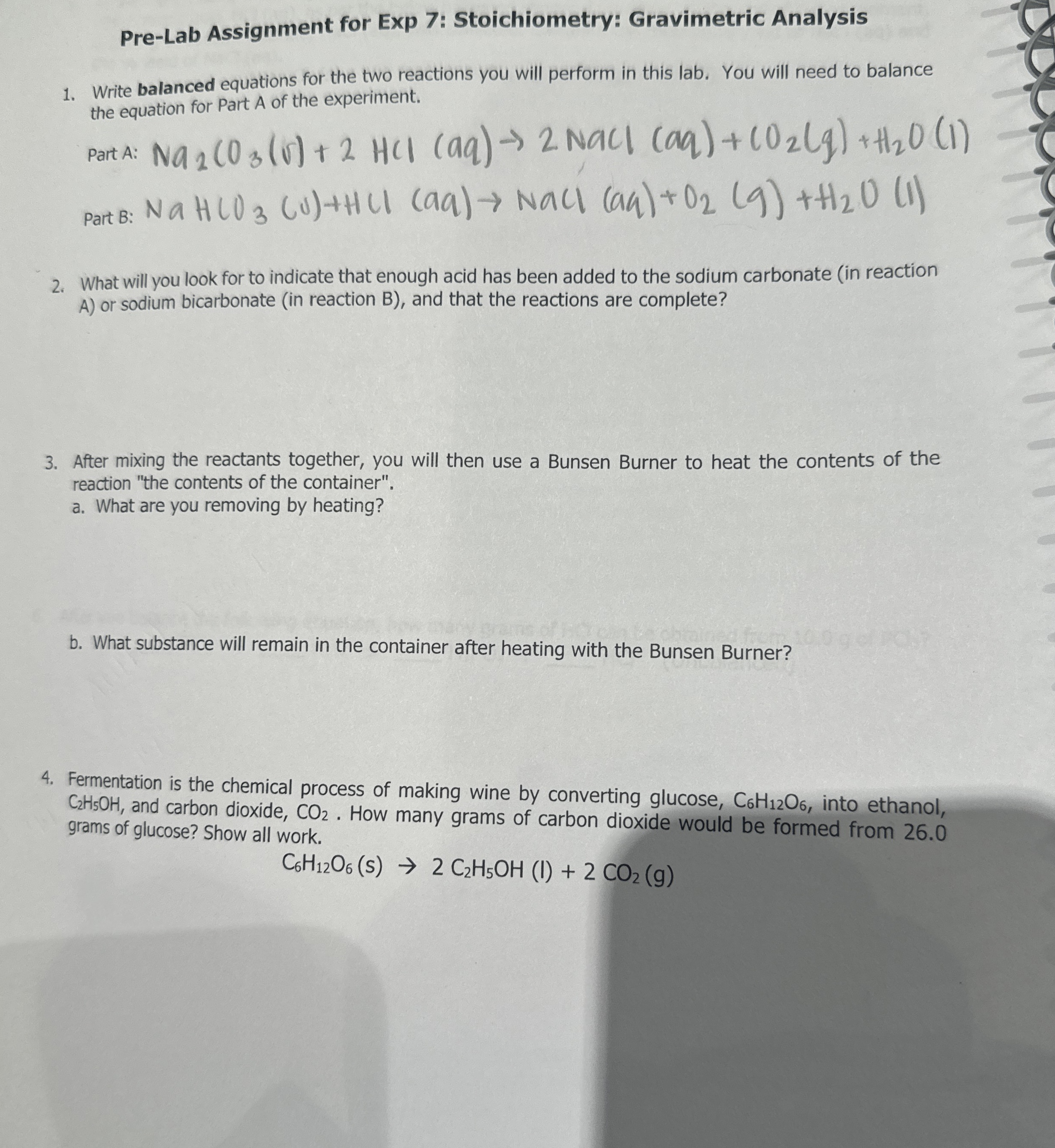 Solved Pre-Lab Assignment for Exp 7: Stoichiometry: | Chegg.com