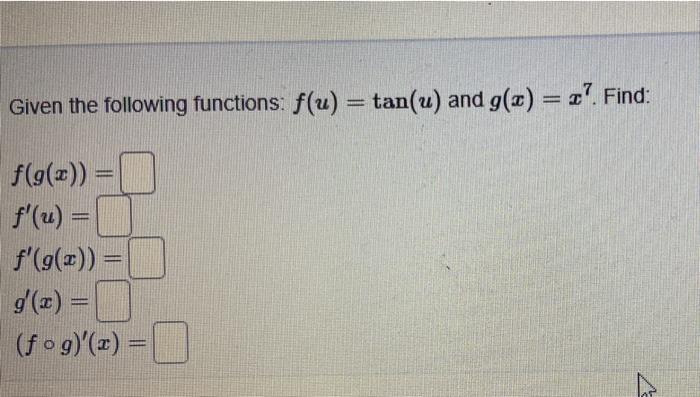 Solved Given the following functions: f(u) = tan(u) and g(x) | Chegg.com