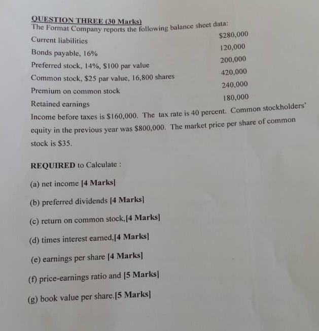 Solved QUESTION THREE (30 Marks) The Format Company renorts | Chegg.com