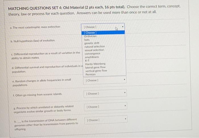 Solved MATCHING QUESTIONS SET 4: Old Material (2 pts each, | Chegg.com
