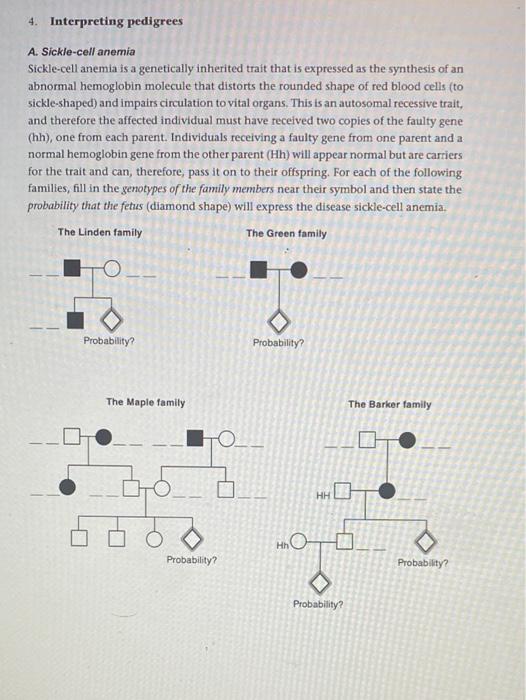 Solved 4. Interpreting pedigrees A. Sickle-cell anemia | Chegg.com
