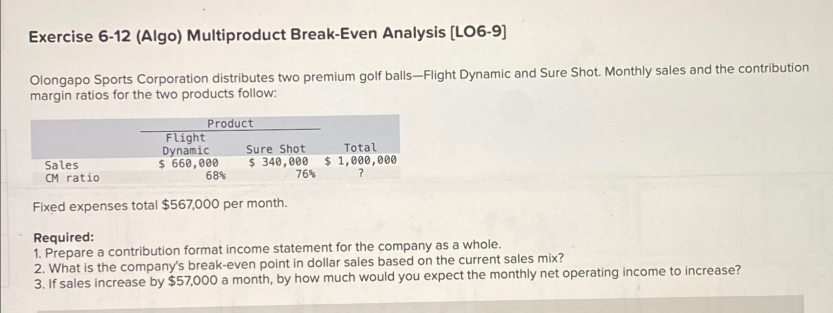 Solved Exercise 6-12 (Algo) Multiproduct Break-Even | Chegg.com Solved Exercise 6-12 (Algo) Multiproduct Break-Even | Chegg.com