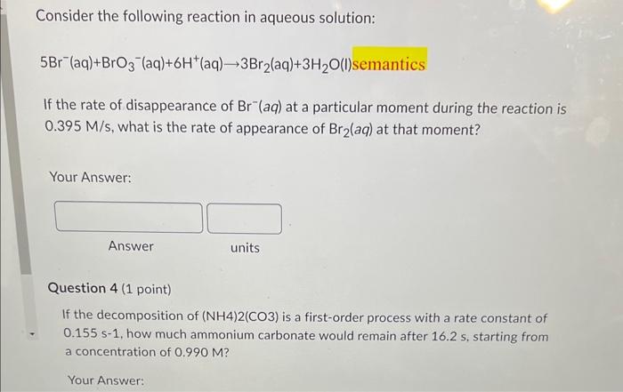 Solved Consider the following reaction in aqueous solution: | Chegg.com