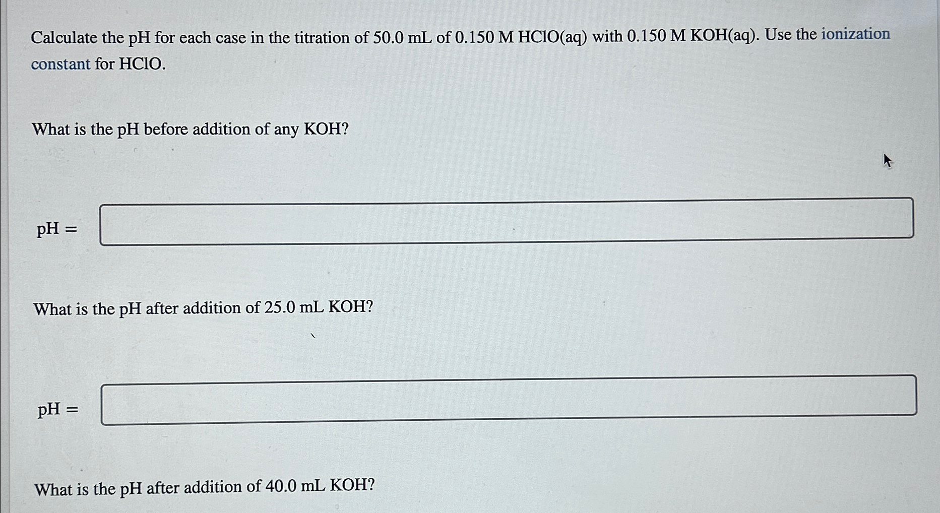 Solved Calculate the pH ﻿for each case in the titration of | Chegg.com