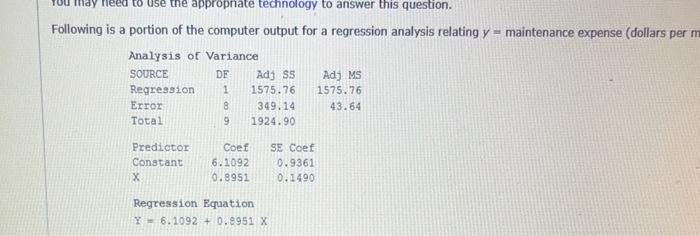 Solved Following is a portion of the computer output for a | Chegg.com