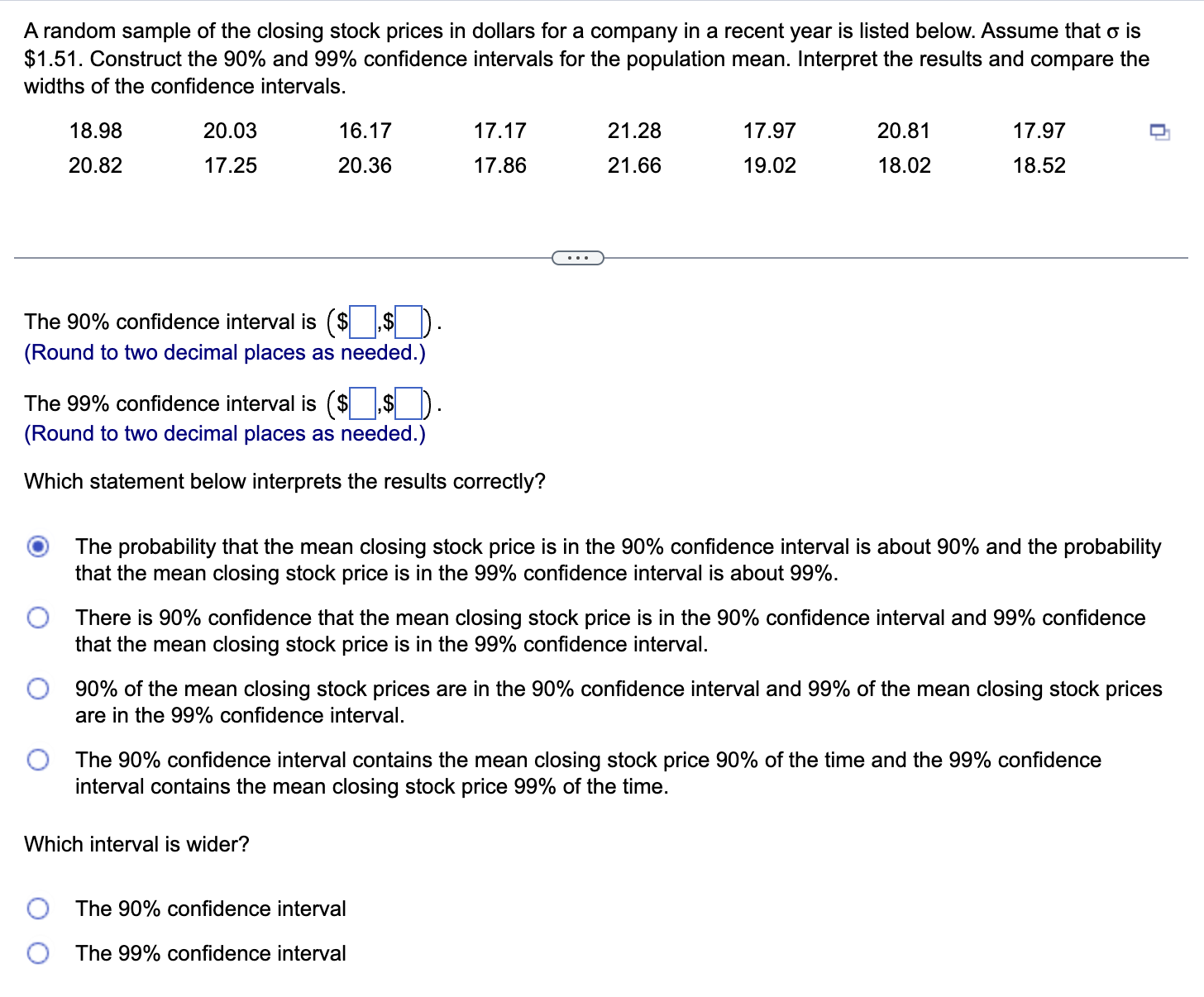 Solved A random sample of the closing stock prices in | Chegg.com