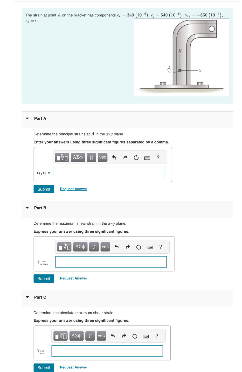 Solved The strain at point A ﻿on the bracket has components | Chegg.com