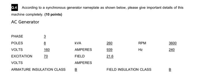 Solved Q.4 According to a synchronous generator nameplate as | Chegg.com