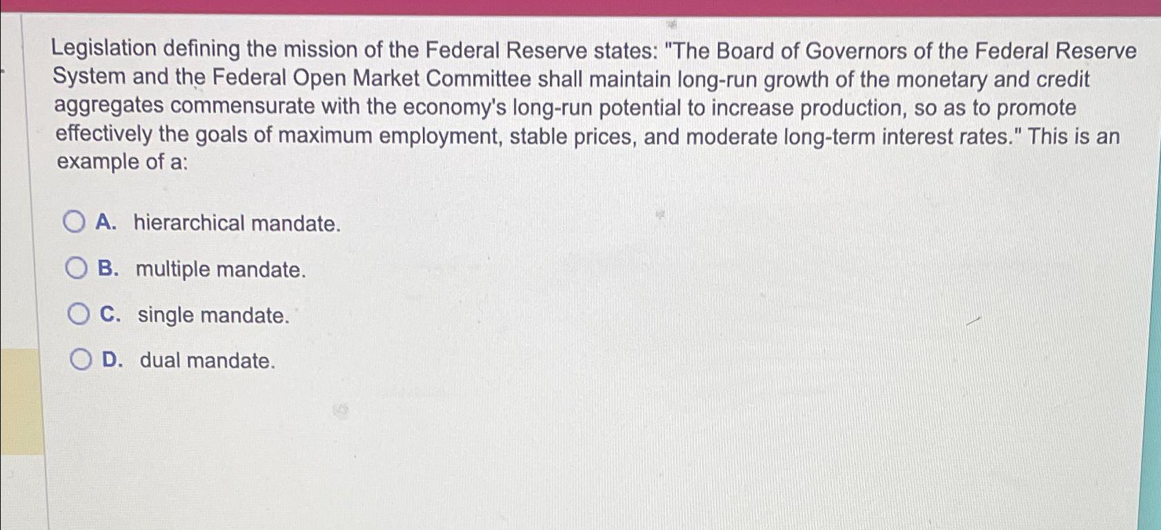 Solved Legislation defining the mission of the Federal | Chegg.com
