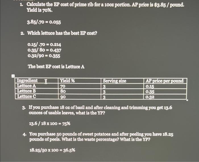 Solved 1. Calculate the EP cost of prime rib for a 100z | Chegg.com
