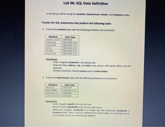 Solved Lab 06: SQL Data Definition In this lab you will be | Chegg.com