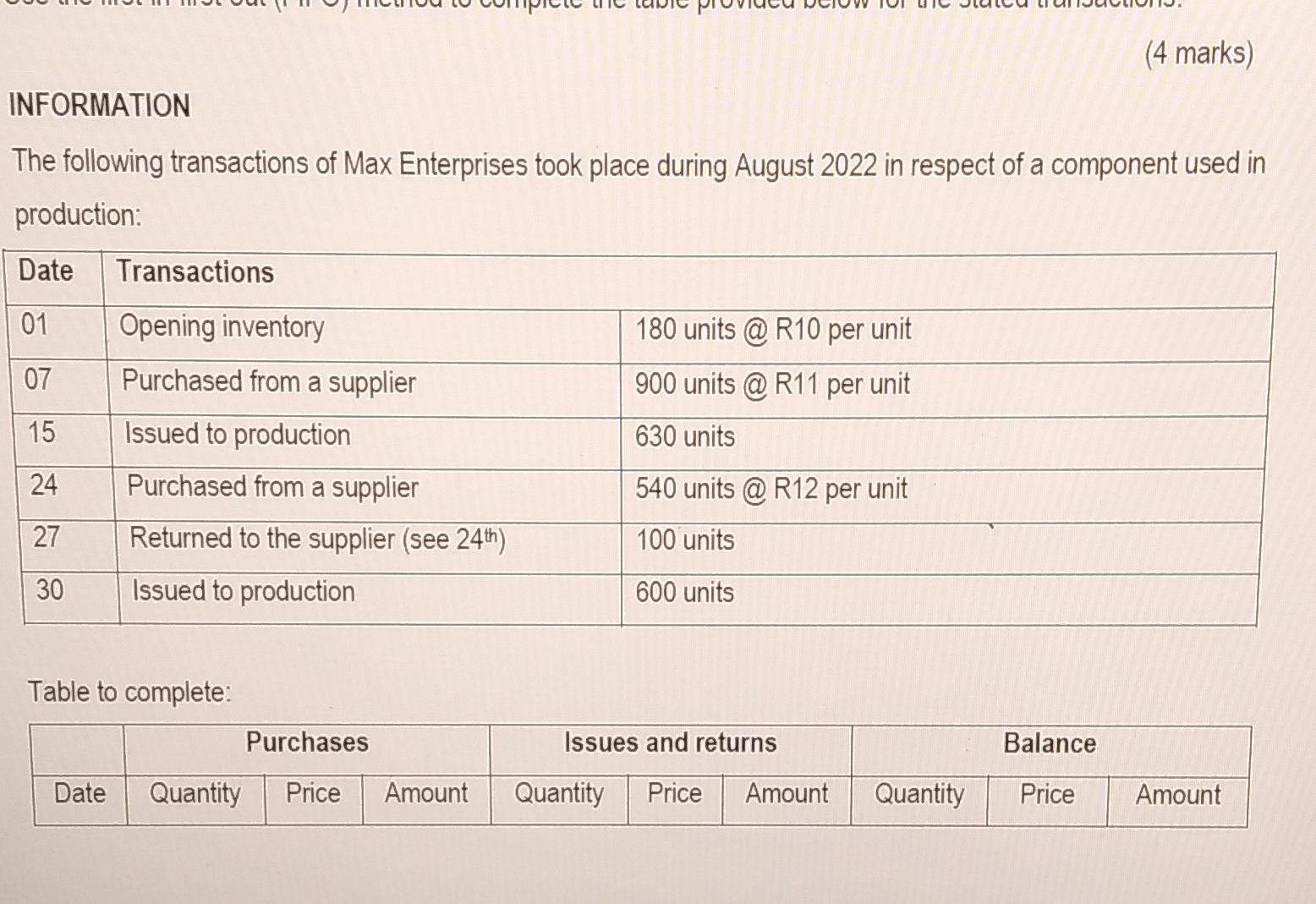 Solved use the FIFO method to complete the table provided | Chegg.com