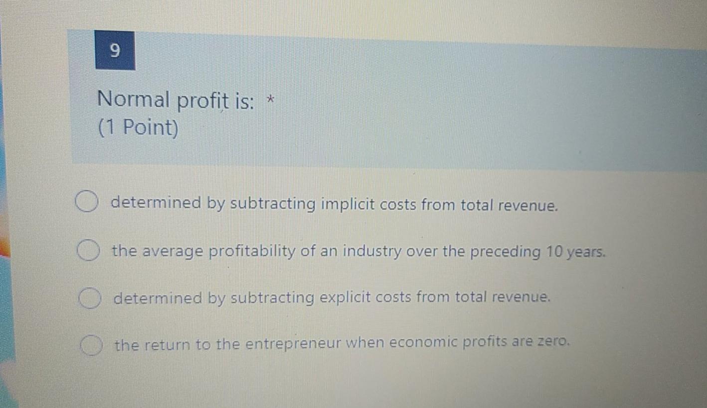 Solved 9 Normal profit is: * (1 Point) determined by | Chegg.com