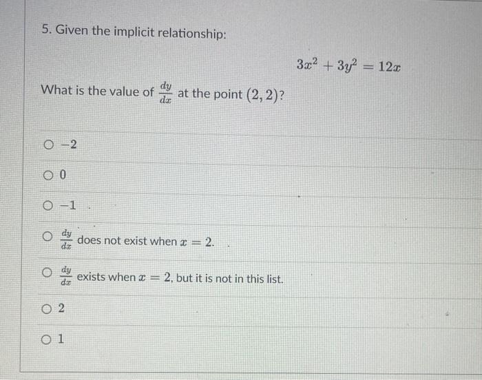 Solved 5. Given the implicit relationship: 3x2+3y2=12x What | Chegg.com