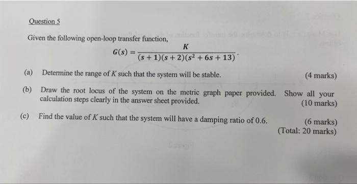 Solved Given the following open-loop transfer function, | Chegg.com