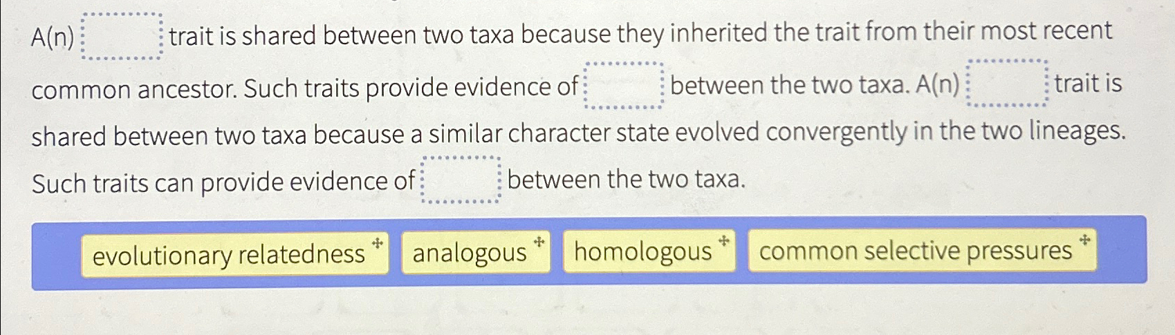Solved A(n), ﻿trait is shared between two taxa because they | Chegg.com