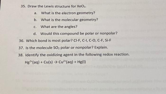 Solved a. 35. Draw the Lewis structure for Xe03. What is the | Chegg.com