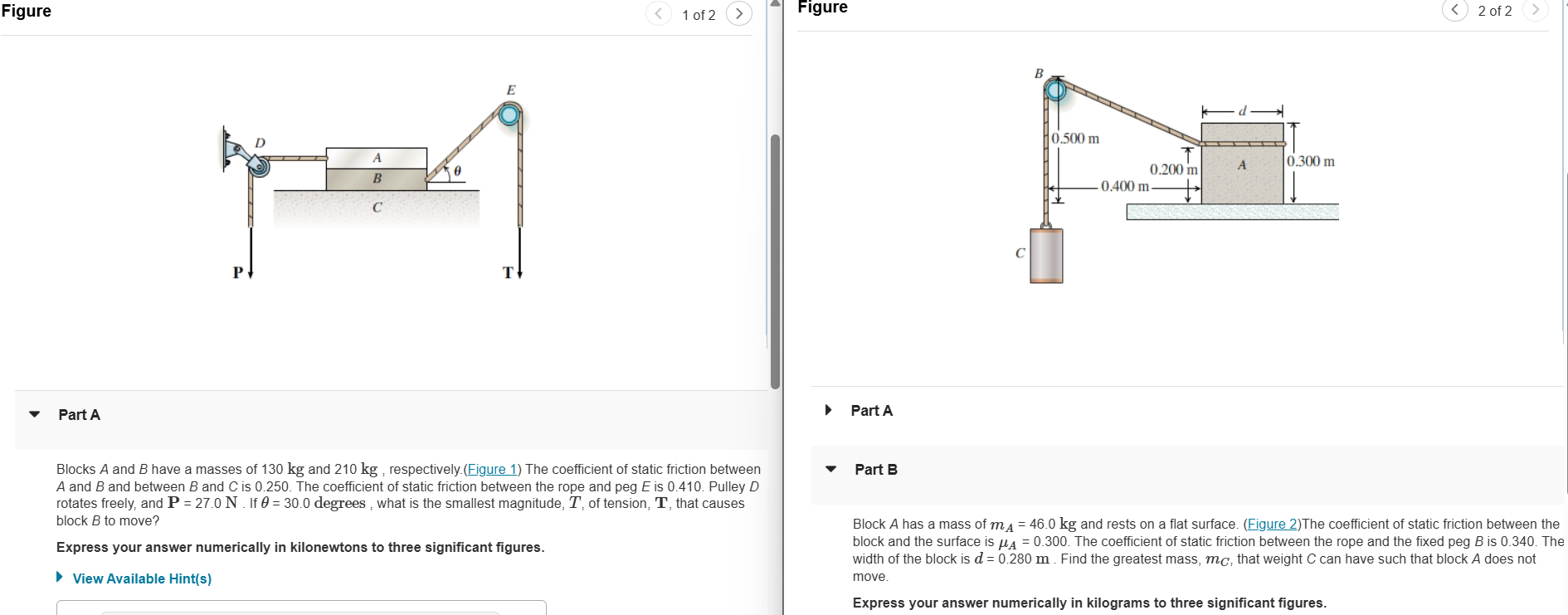 Solved Part ABlocks A and B ﻿have a masses of 130 kg ﻿and | Chegg.com