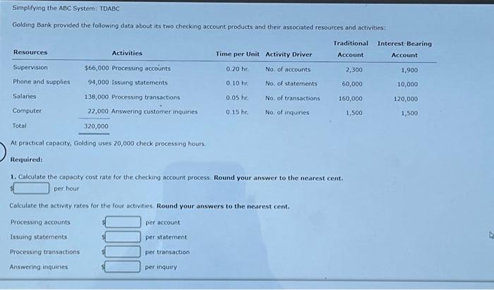 Solved Simplifying the ABC System: TDABC Golding Bank | Chegg.com