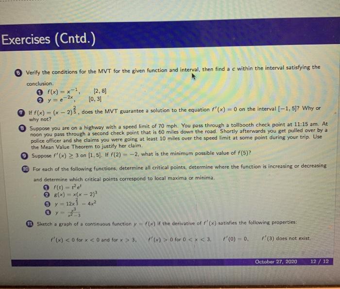 Solved Exercises (Cntd.) Verify the conditions for the MVT | Chegg.com