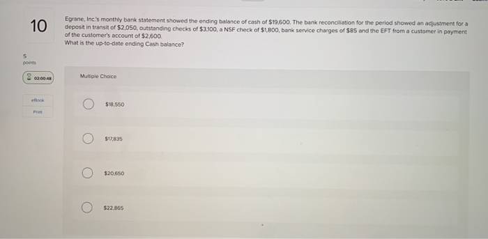 Solved 10 Egrane, Inc.'s monthly bank statement showed the | Chegg.com