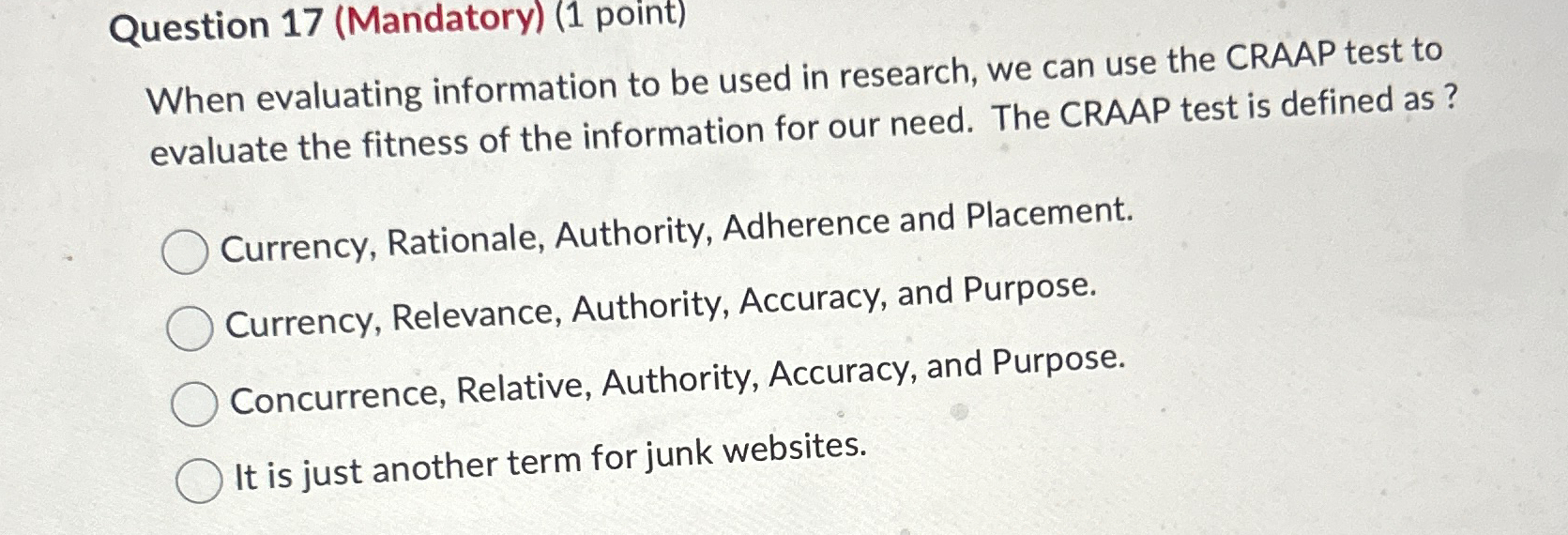 Solved Question 17 (Mandatory) (1 ﻿point)When evaluating | Chegg.com