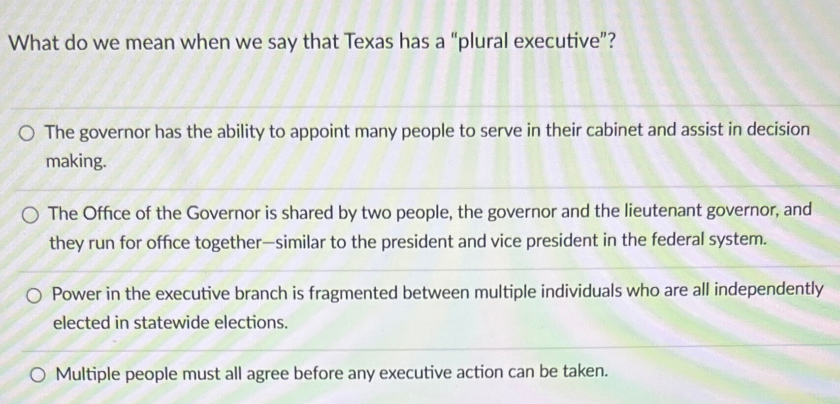 Solved What do we mean when we say that Texas has a "plural | Chegg.com