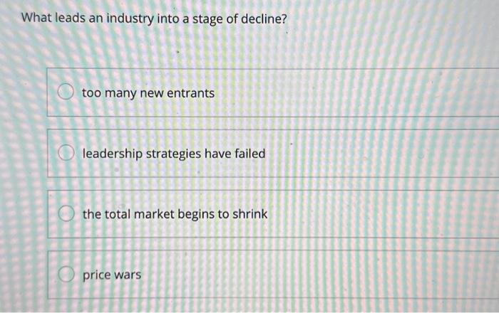 Solved What leads an industry into a stage of decline? too | Chegg.com