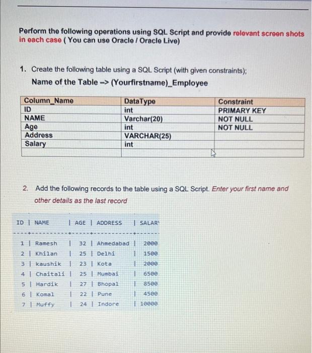 Solved Perform the following operations using SQL Script and | Chegg.com