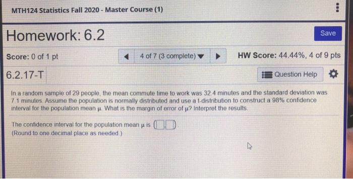Solved MTH124 Statistics Fall 2020 - Master Course (1) : | Chegg.com