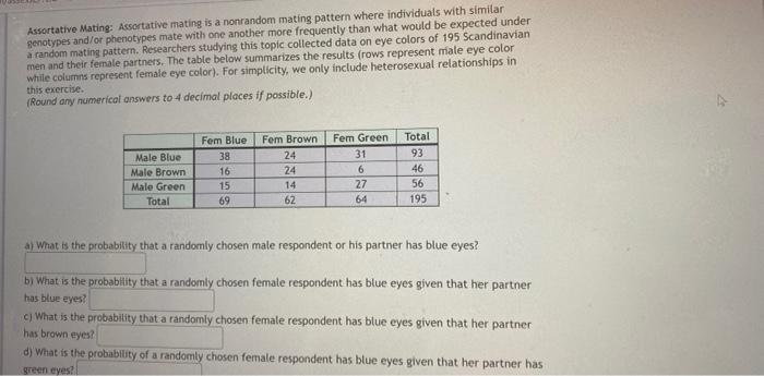 Solved Assortative Mating: Assortative mating is a nonrandom | Chegg.com