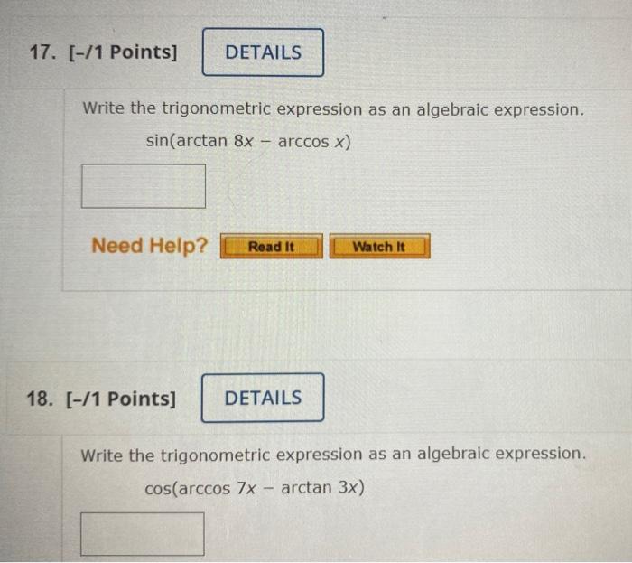 Solved Write the trigonometric expression as an algebraic | Chegg.com