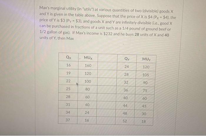 Solved Max's marginal utility (in Solved Max's marginal utility (in