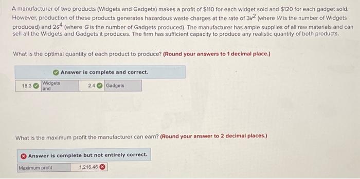 Solved A manufacturer of two products (Widgets and Gadgets) | Chegg.com