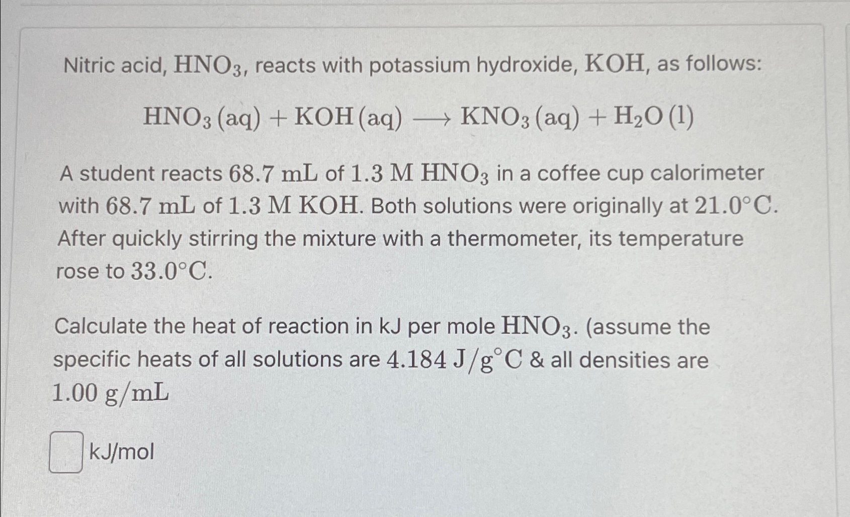 Solved Nitric acid, HNO3, ﻿reacts with potassium hydroxide, | Chegg.com