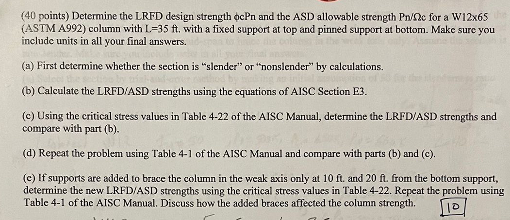 Solved (40 ﻿points) ﻿Determine the LRFD design strength φcPn | Chegg.com