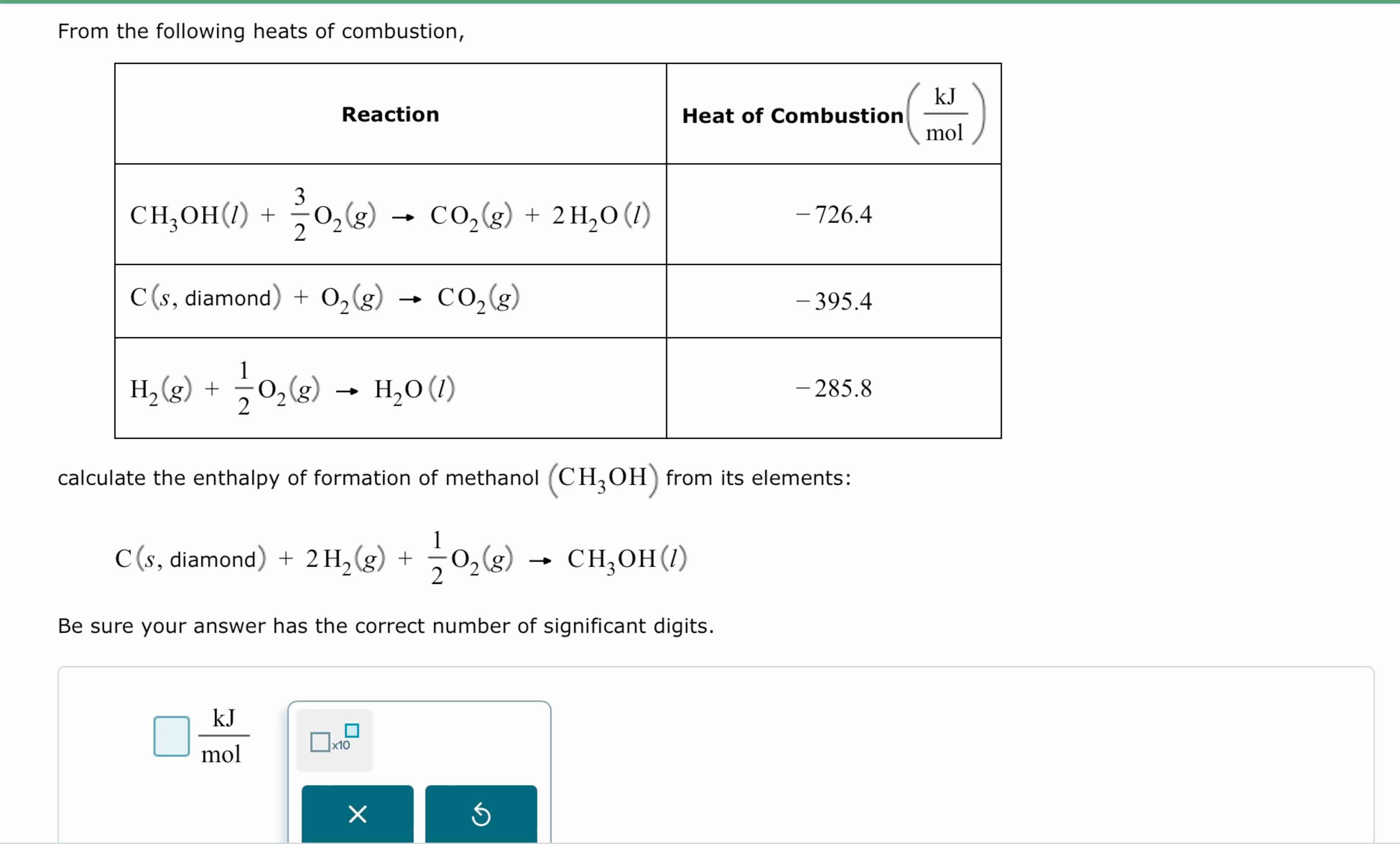 Solved calculate the enthalpy of ﻿formation of ﻿methanol | Chegg.com