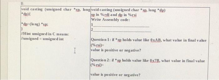 Solved В. void casting (unsigned char sp, long void casting | Chegg.com