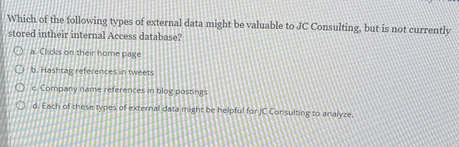 Solved Which of the following types of external data might | Chegg.com