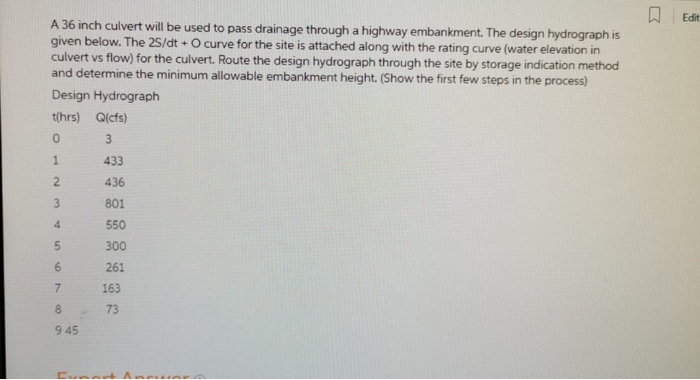 Solved A 36 inch culvert will be used to pass drainage | Chegg.com