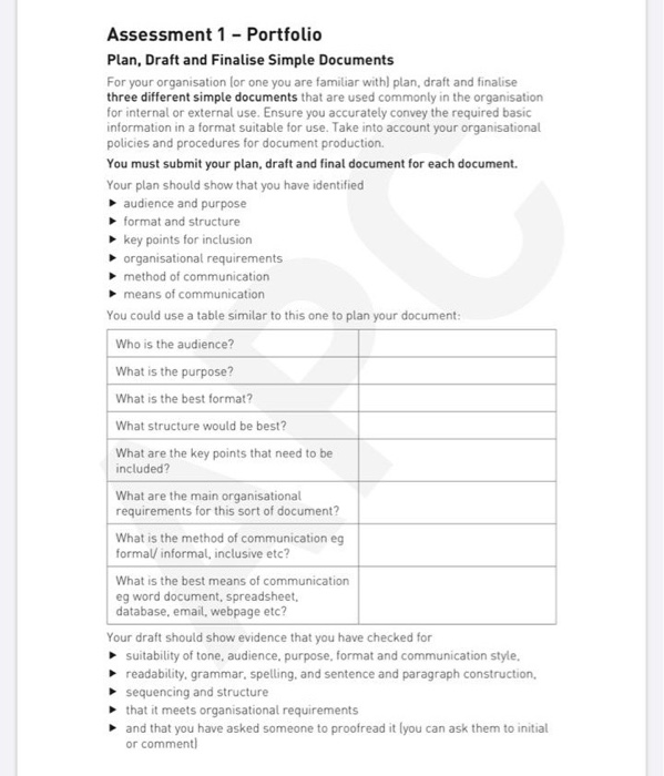 Assessment 1 - Portfolio Plan, Draft and Finalise | Chegg.com
