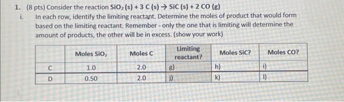 Solved 1. (8 pts) Consider the reaction SiO₂ (s) + 3 C (s) → | Chegg.com