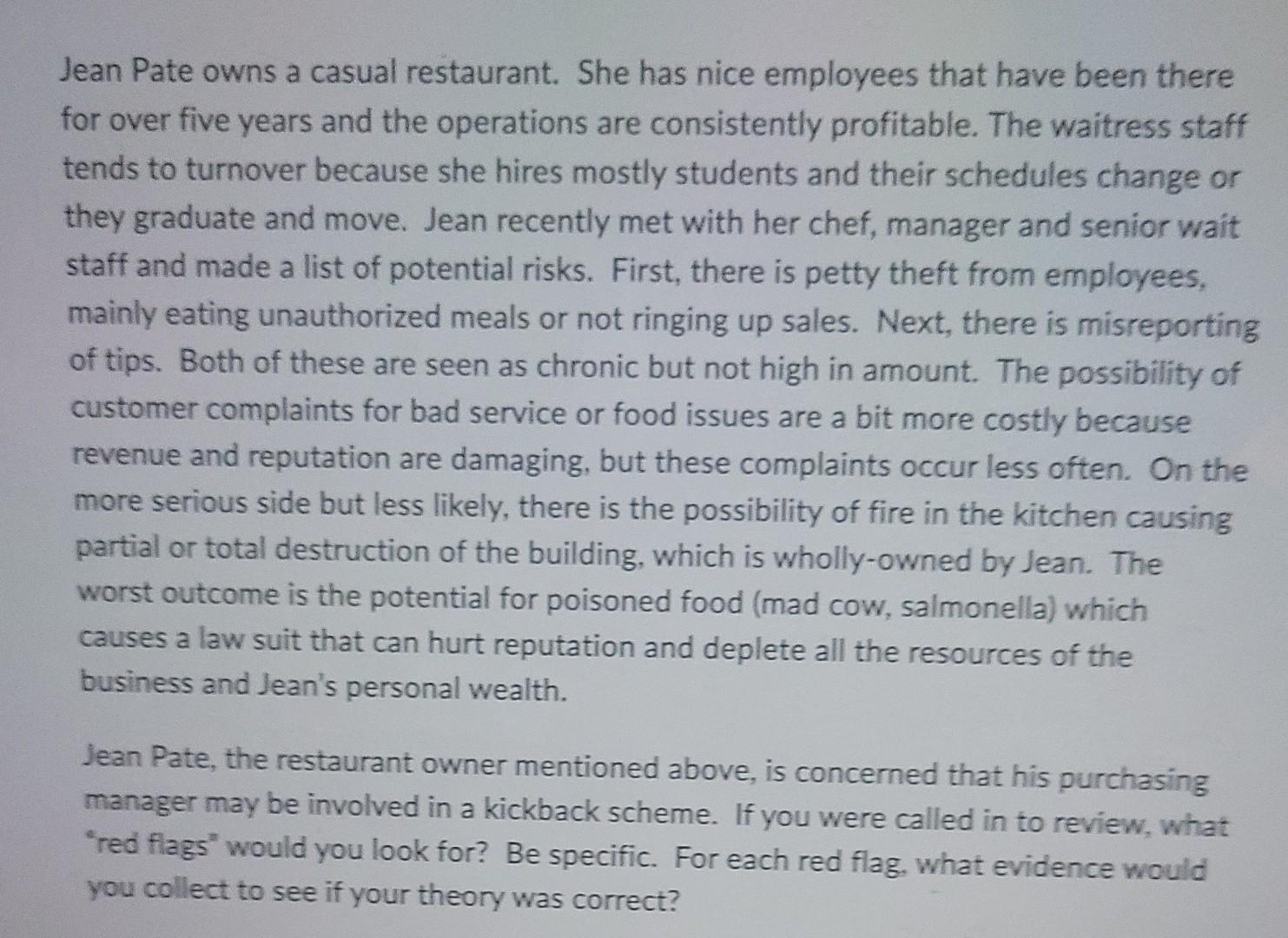 Jean Pate owns a casual restaurant. She has nice | Chegg.com