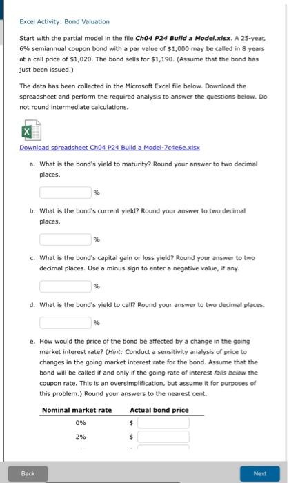 Excel Activity: Bond Valuation Start with the partial | Chegg.com