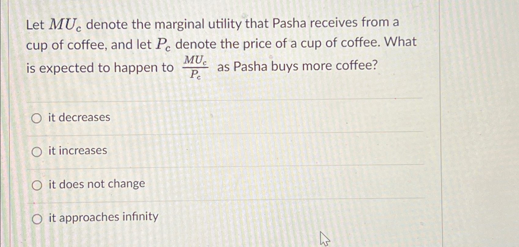 Solved Let ()c denote the marginal utility that Pasha | Chegg.com Solved Let ()c denote the marginal utility that Pasha | Chegg.com