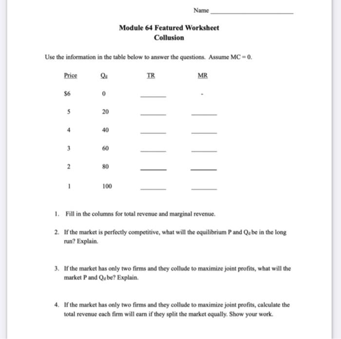 Solved Name Module 64 Featured Worksheet Collusion Use the | Chegg.com