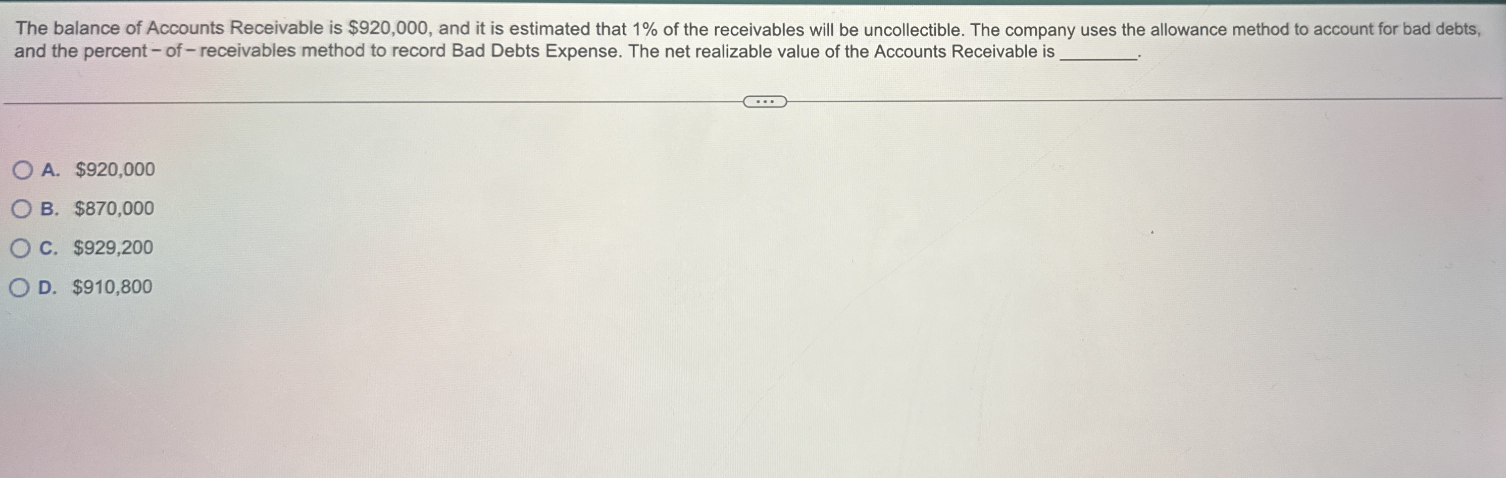 Solved The balance of Accounts Receivable is $920,000, ﻿and | Chegg.com