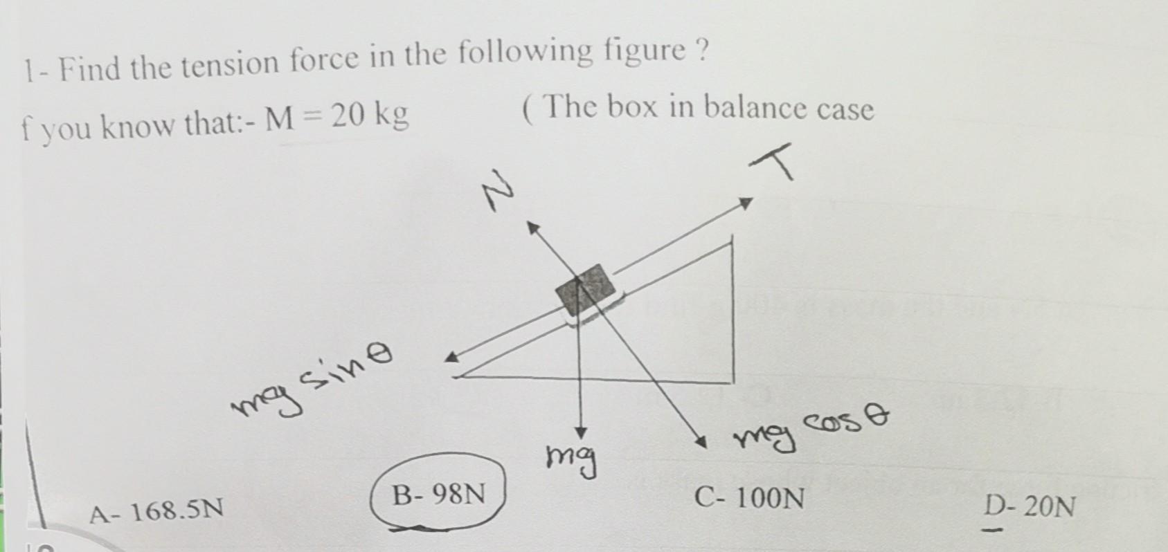 1- Find the tension force in the following figure ? f | Chegg.com