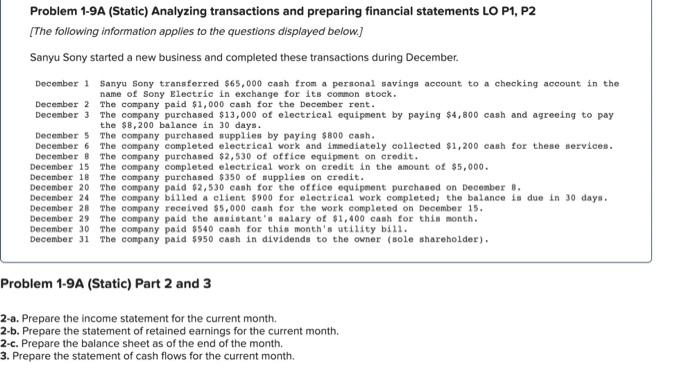 Solved Problem 1-9A (Static) Analyzing transactions and | Chegg.com